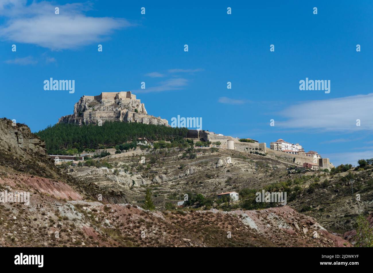 Landscape of the village of Morella with the walled city and the castle ...