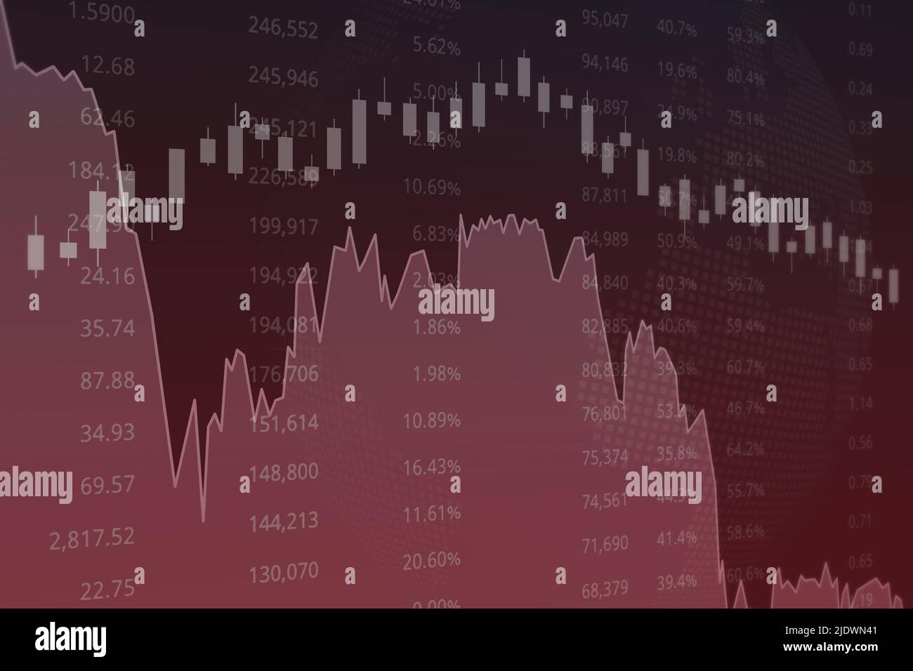 Dark red finance background with numbers, columns, lines, arrow. 3D ...