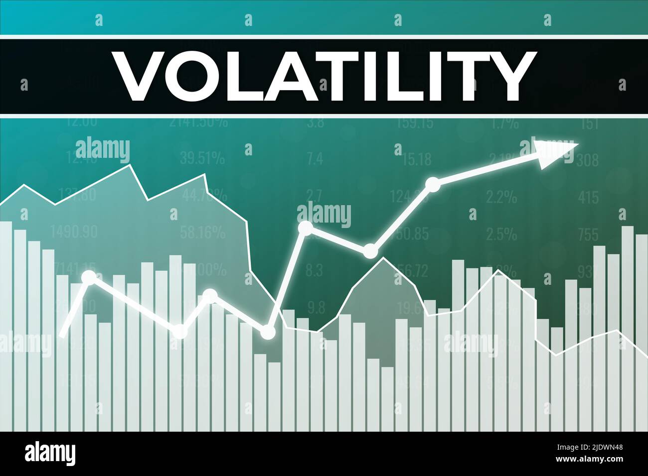 Word Volatility on blue and green finance background with arrow. Global ...