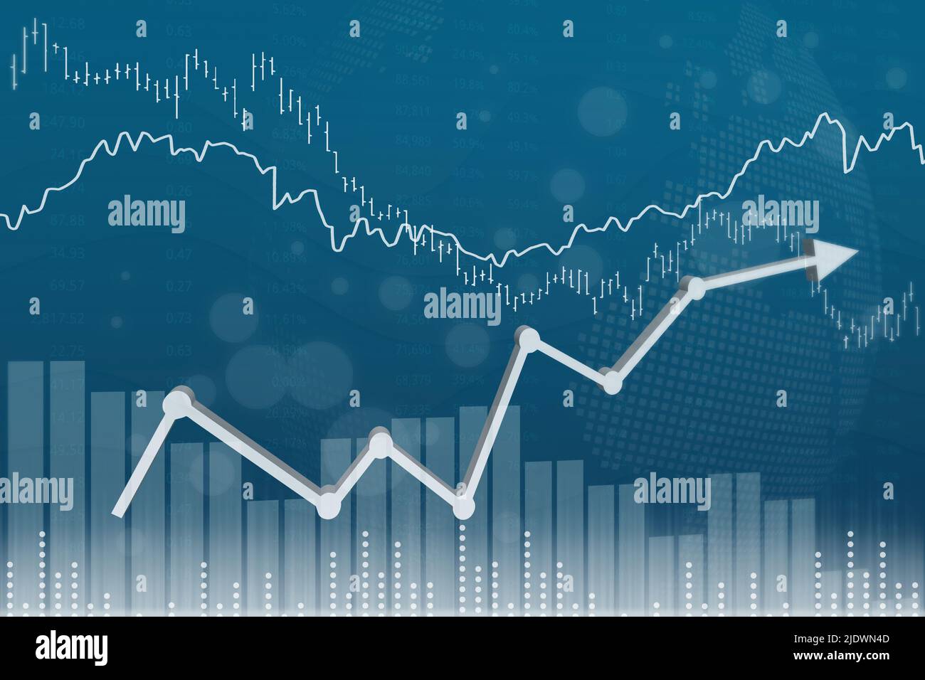 Blue finance background with numbers, columns, lines, bars, arrow ...