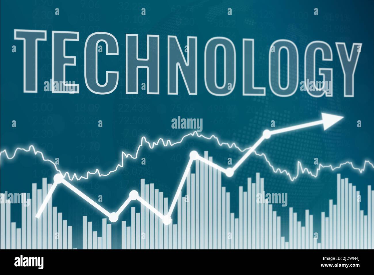 Word Technology on blue finance background with arrow. 3D render, soft ...