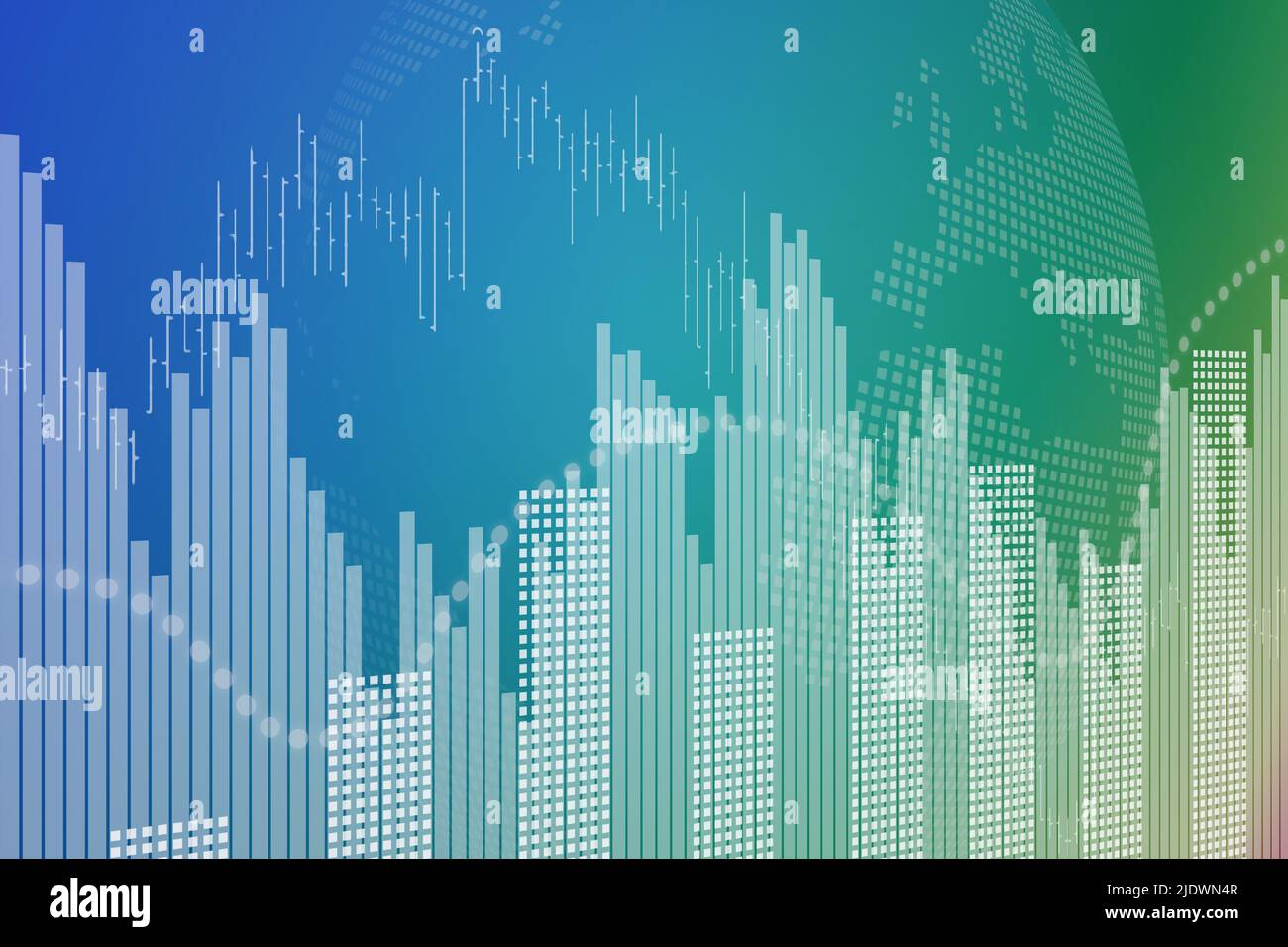 Blue and green finance background with columns, lines, bars. 3D render ...