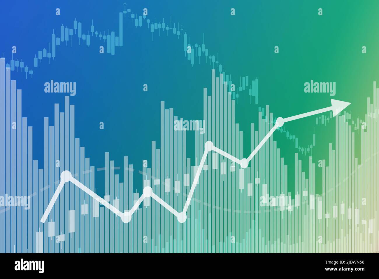 Blue and green finance background with columns, lines, candlesticks, arrow. 3D render, soft ...