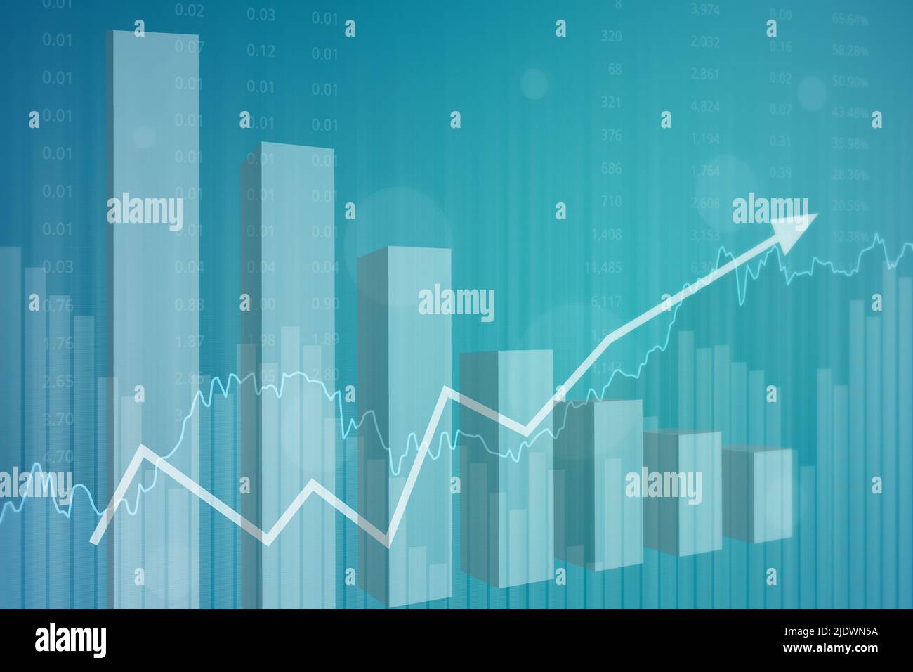 Blue finance background with numbers, columns, lines, arrow. 3D render. Global economy concept ...