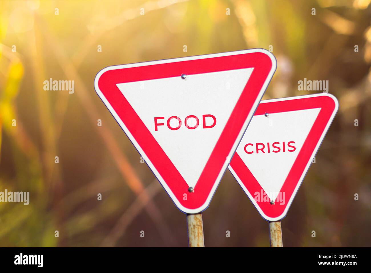 Food crisis concept. Two red road signs. Defocus blank empty triangle ...