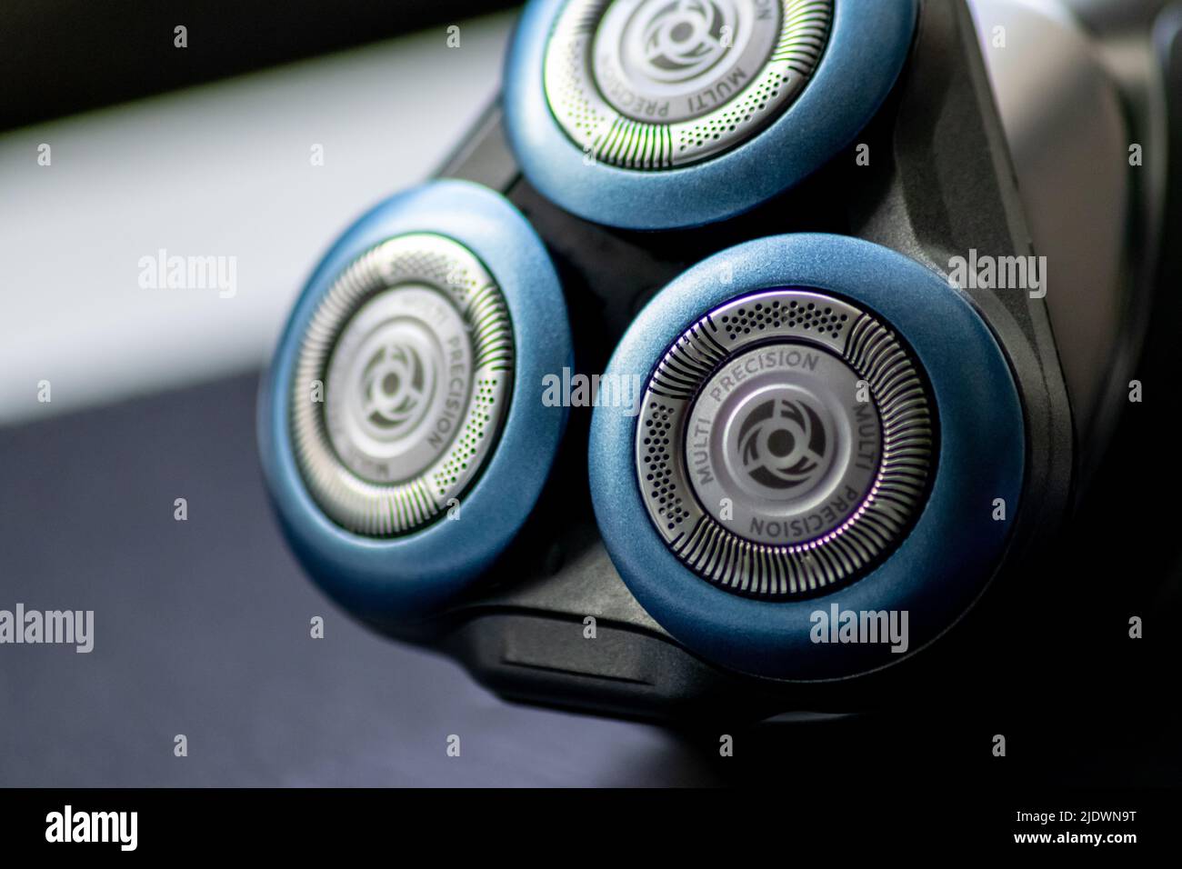 Macro close-up of electrical shaver blades triple technology for ...