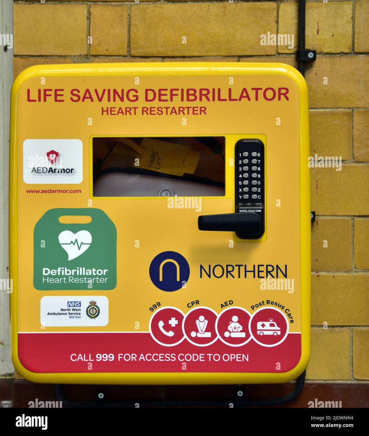 An emergency heart defibrillator or heart restarter for public use on a ...