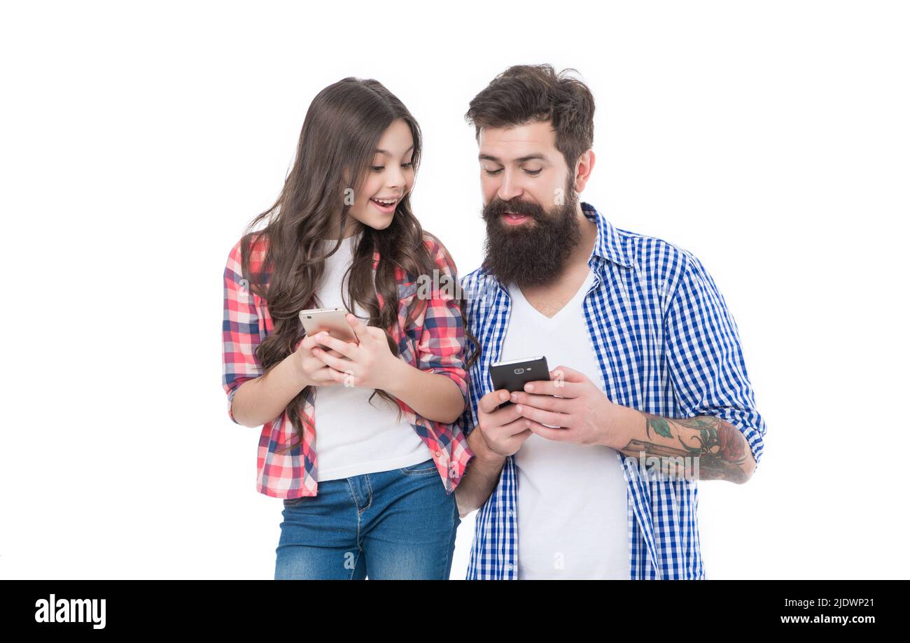 Happy family of man father and girl child daughter use smartphones for ...