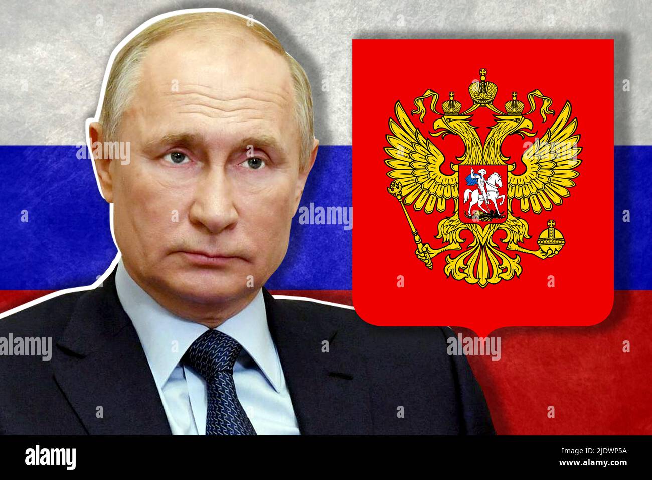 Vladimir Putin, Russia flag and coat of arms Stock Photo - Alamy