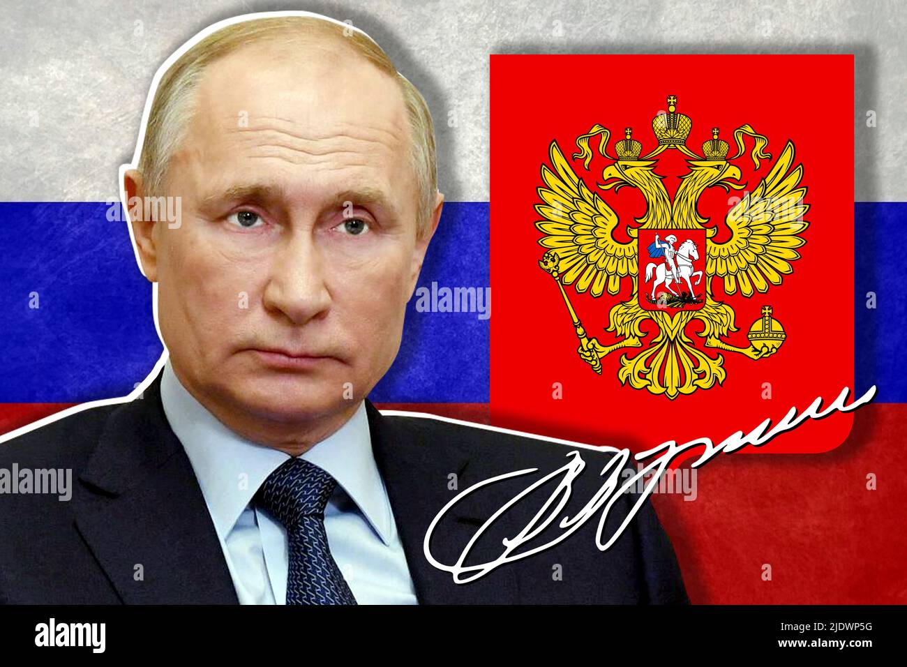 Vladimir Putin, Russia flag, coat of arms and signature Stock Photo - Alamy