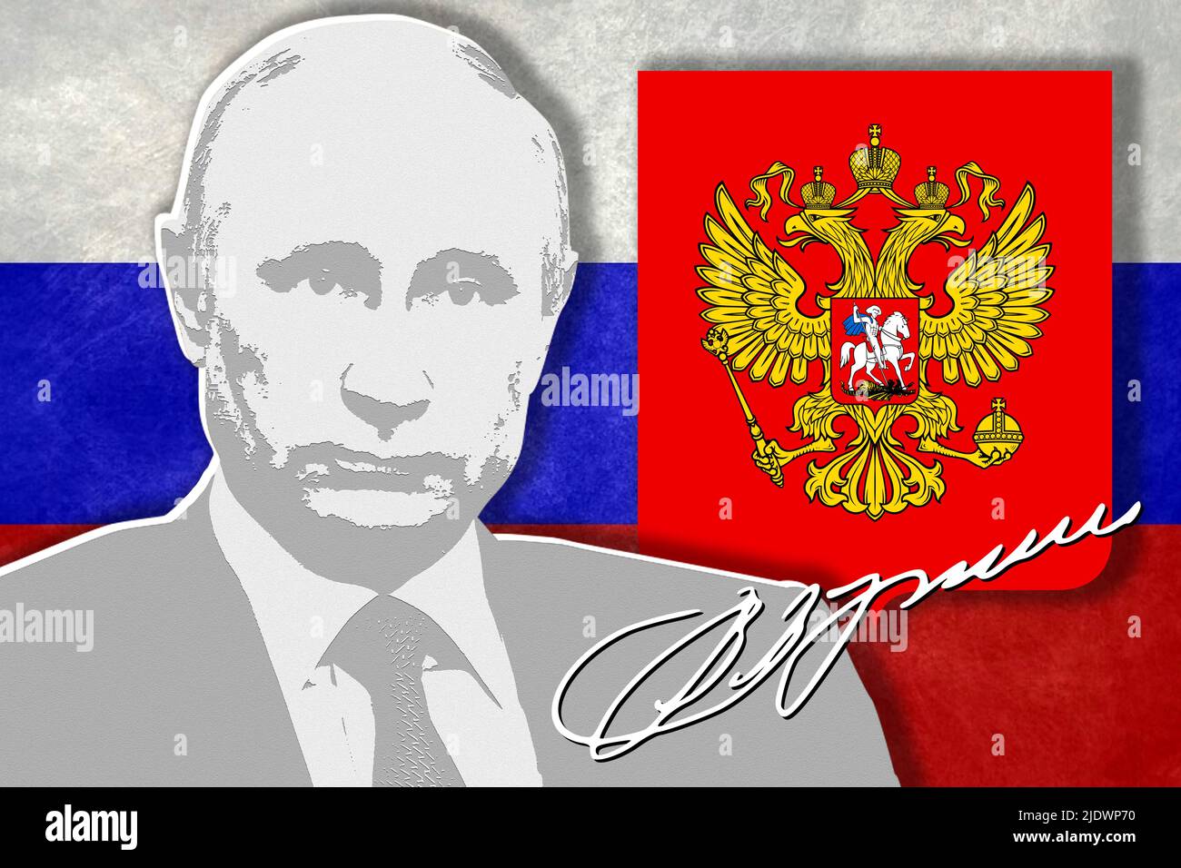 Vladimir Putin, Russia flag, coat of arms and signature Stock Photo - Alamy