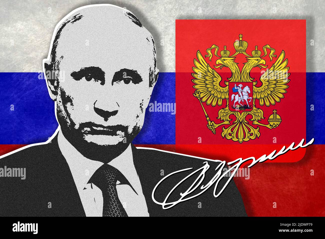 Vladimir Putin, Russia flag, coat of arms and signature Stock Photo - Alamy