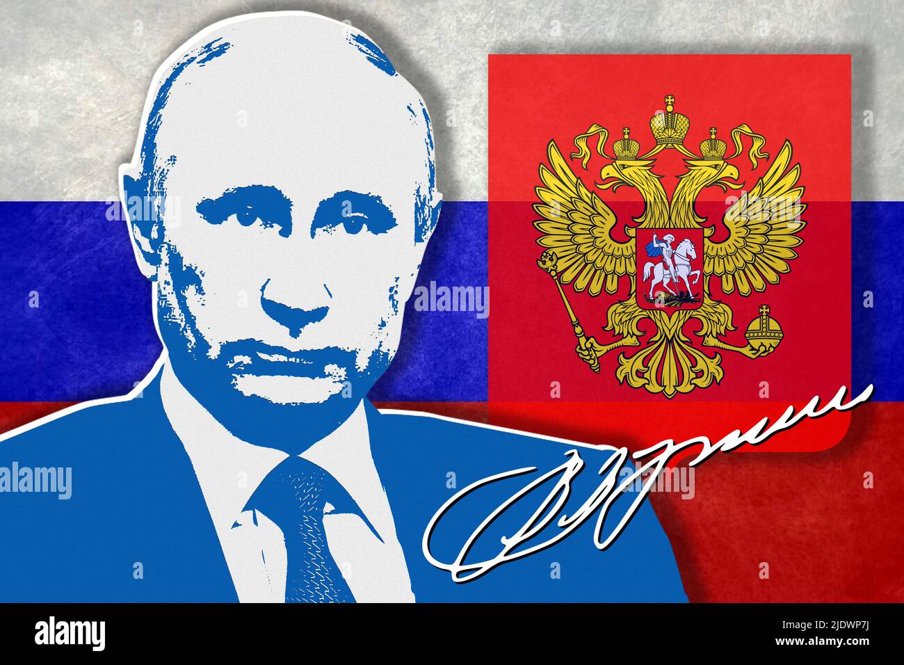 Vladimir Putin, Russia flag, coat of arms and signature Stock Photo - Alamy