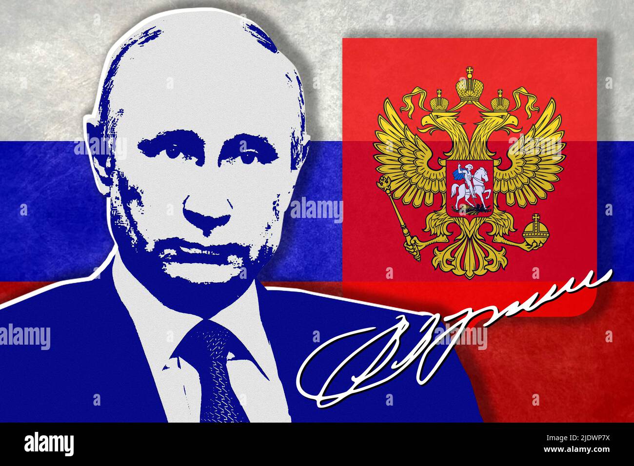 Vladimir Putin, Russia flag, coat of arms and signature Stock Photo - Alamy