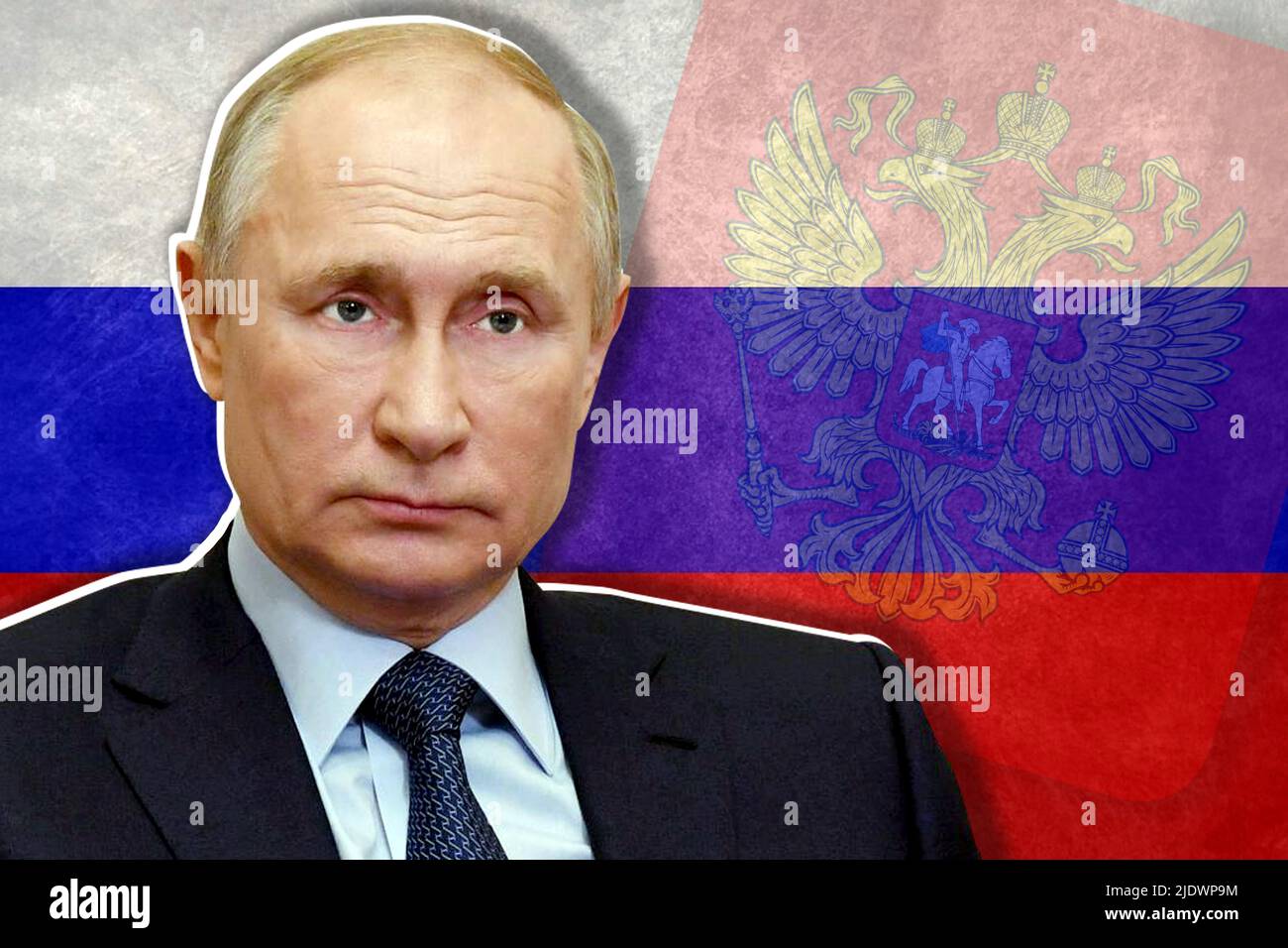 Vladimir Putin, Russia flag and coat of arms Stock Photo - Alamy