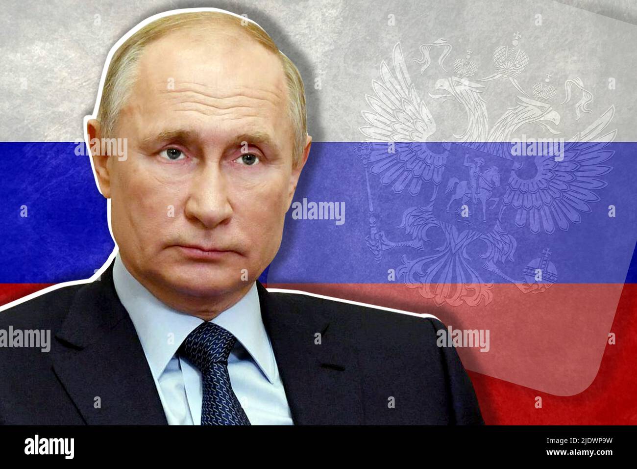 Vladimir Putin, Russia flag and coat of arms Stock Photo - Alamy