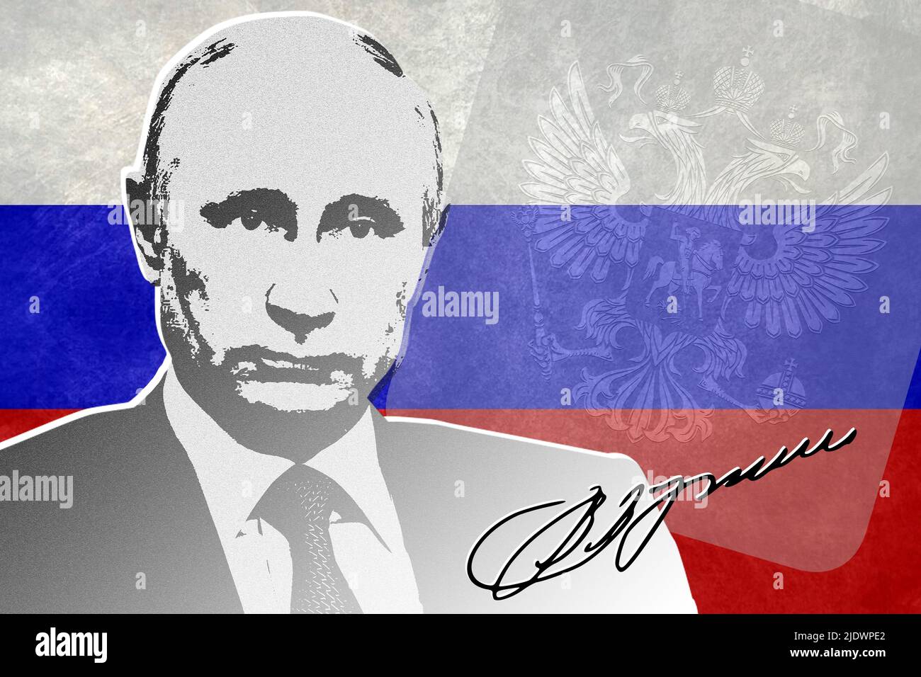 Vladimir Putin, Russia flag, coat of arms and signature Stock Photo - Alamy