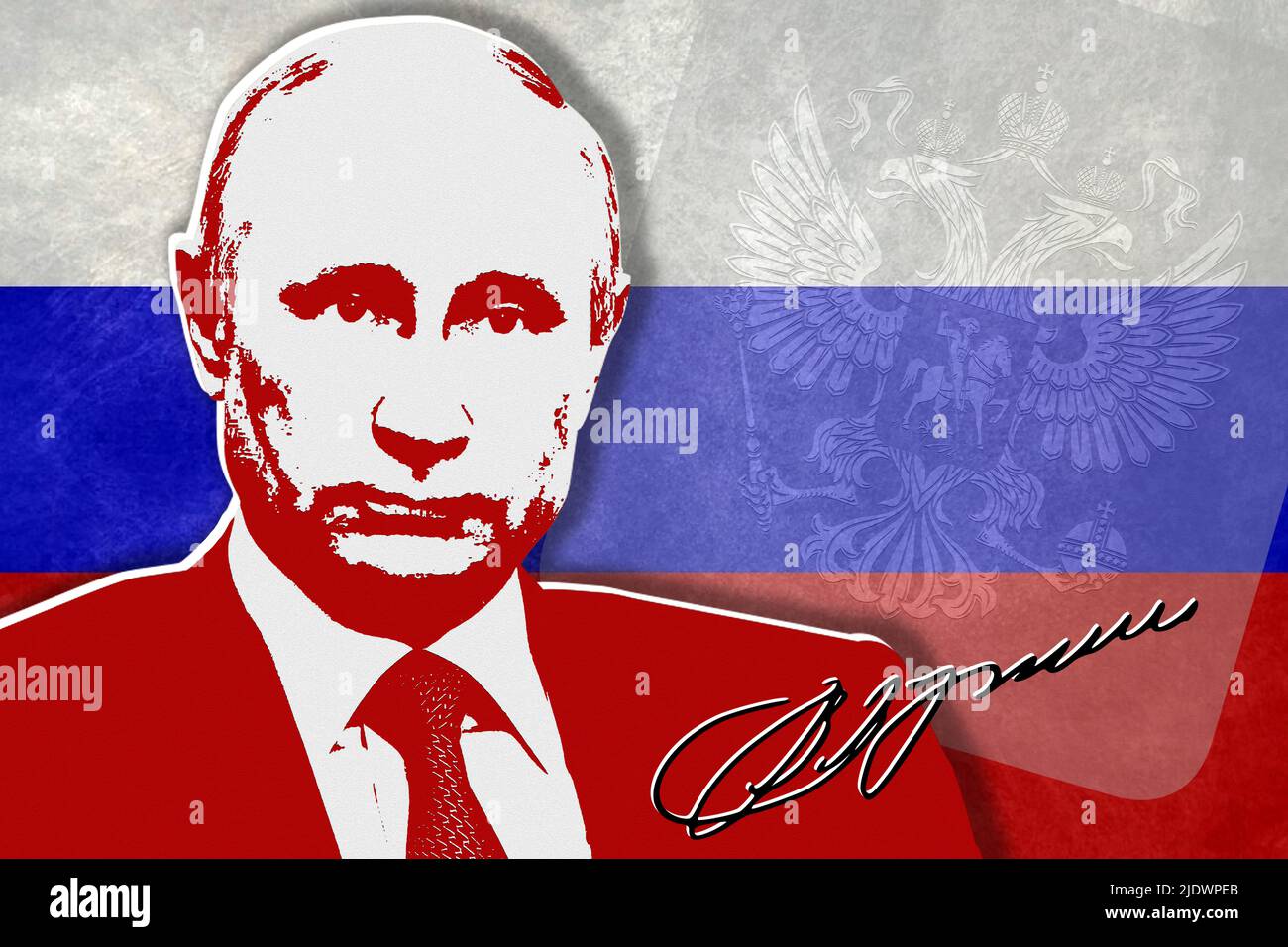 Vladimir Putin, Russia flag, coat of arms and signature Stock Photo - Alamy