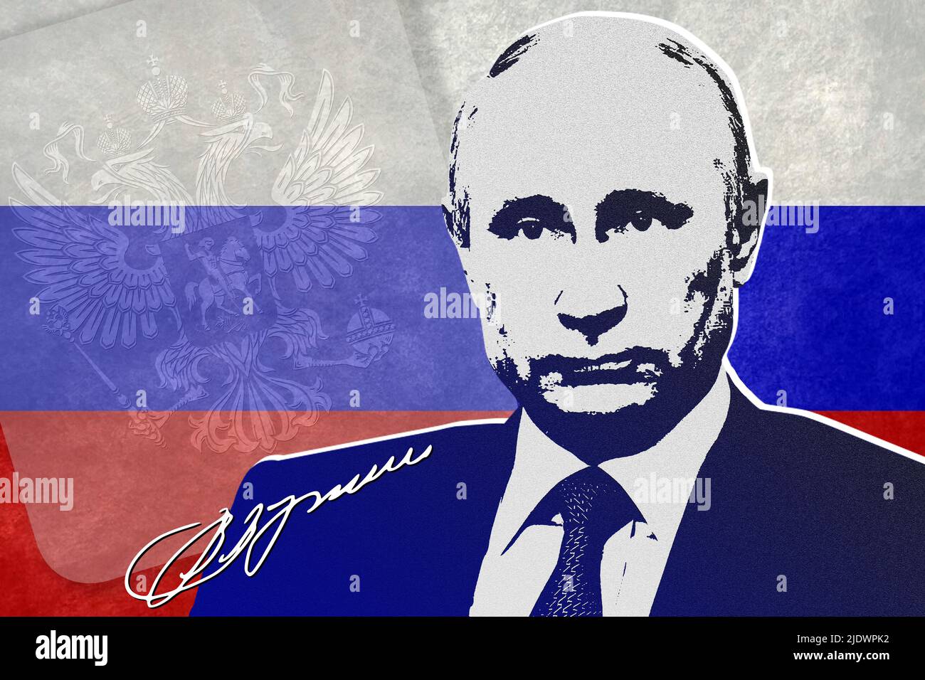 Vladimir Putin, Russia flag, coat of arms and signature Stock Photo - Alamy