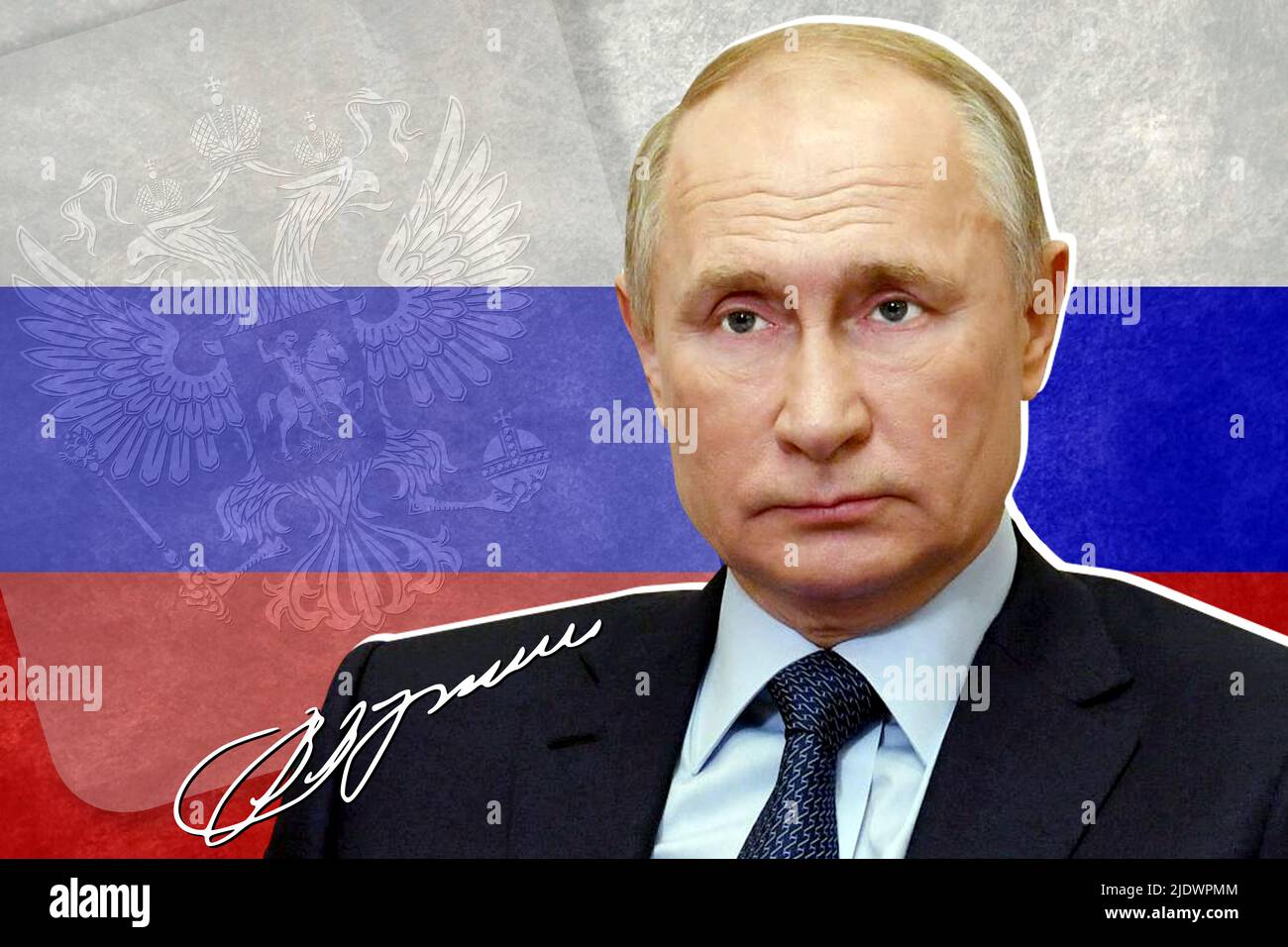 Vladimir Putin, Russia flag, coat of arms and signature Stock Photo - Alamy