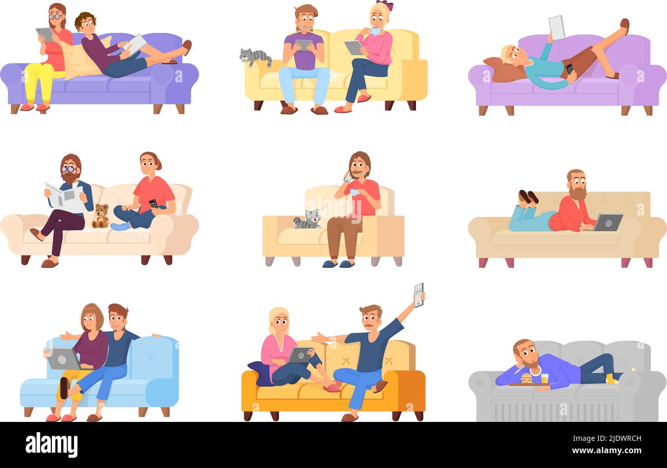 Rest on sofa people. Resting couple, man woman relax and eating, watch ...