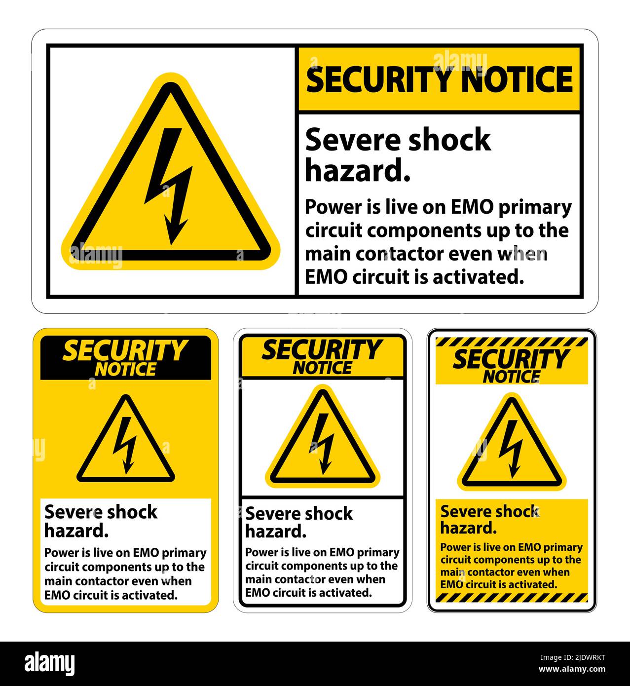 Security Notice Severe shock hazard sign on white background Stock ...