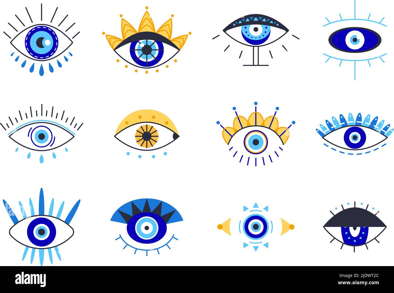 Evil eyes turkish esoteric elements. Greek mascot, outline blue eye art ...