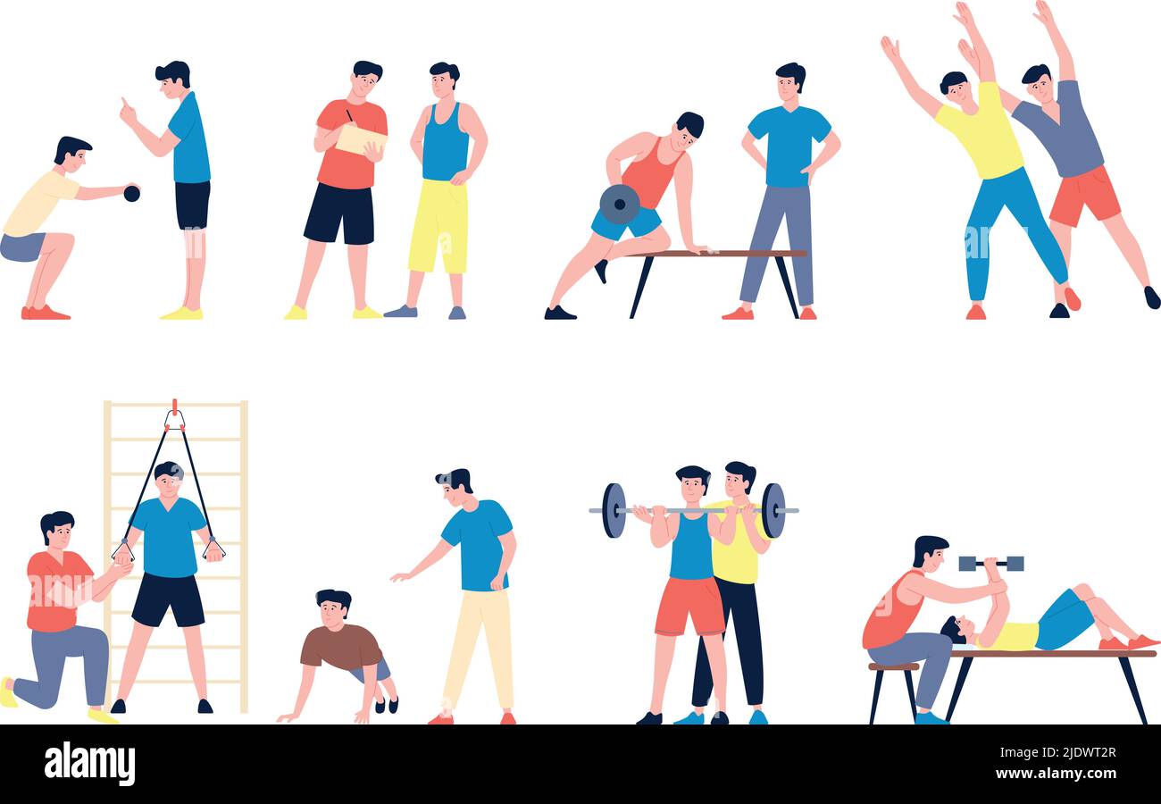 Fitness trainer. Cartoons character gym, flat trainers and man workout ...