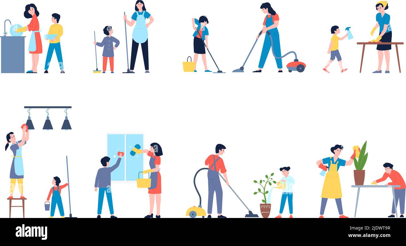 Kids parents cleaning. Help house to mom, happy family clean home. Teenage and children helping ...