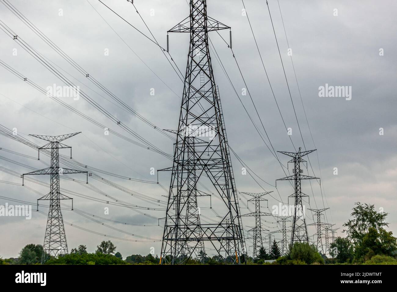 High voltage electricity power lines and transmission towers along a ...