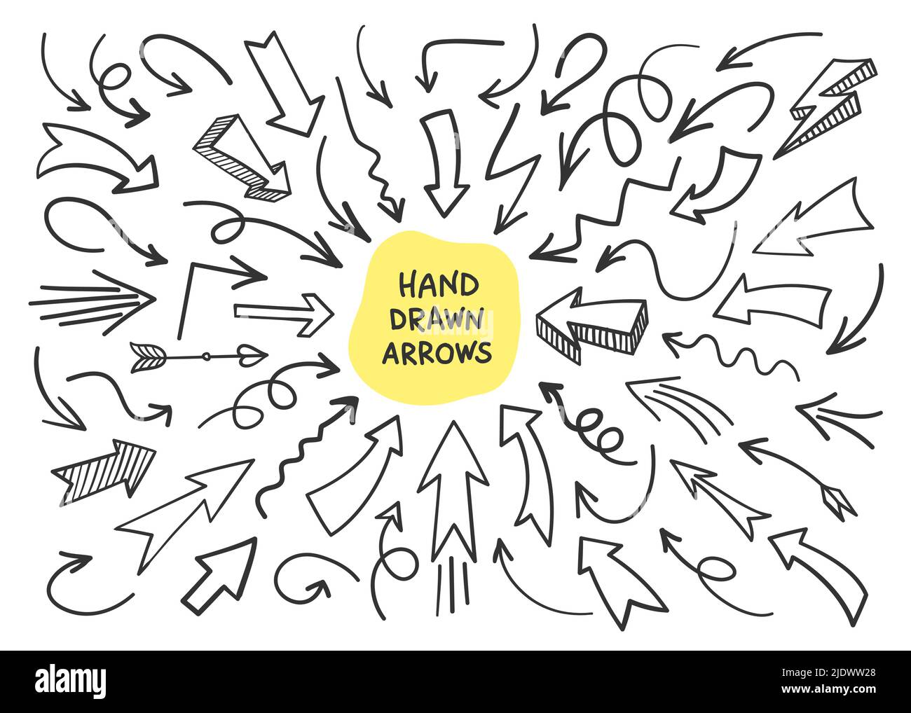 Arrows hand drawn doodle line set. Different shape curve cursor ...