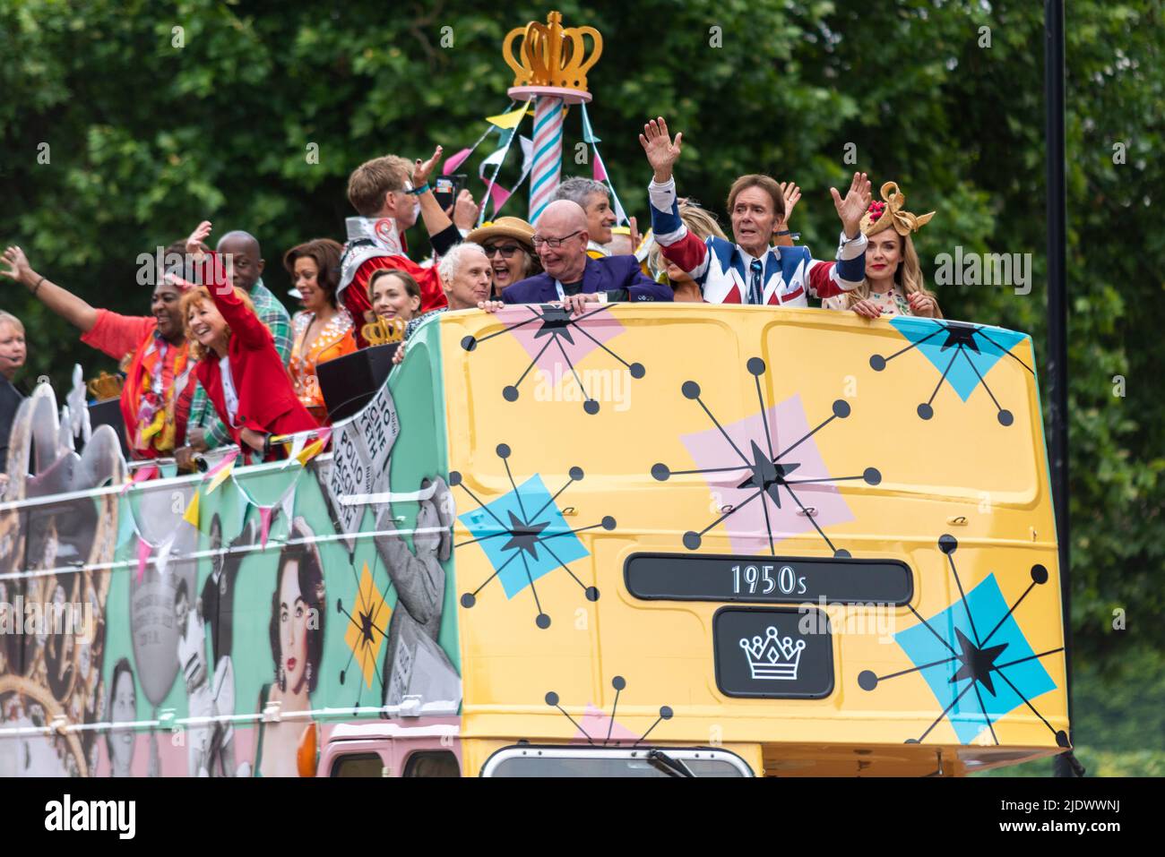 Celebrities on open top bus at the Queen's Platinum Jubilee Pageant ...