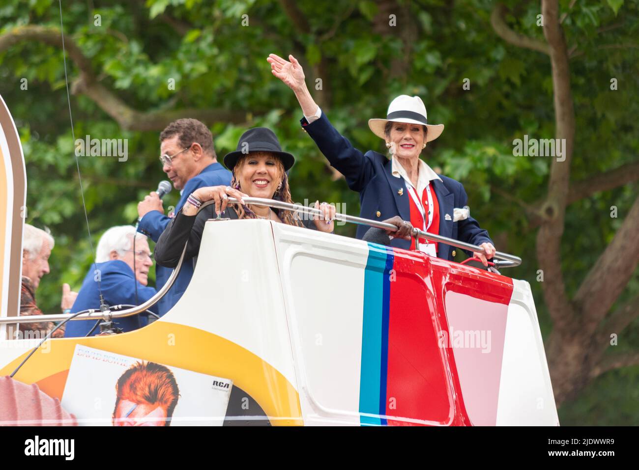 Celebrities on open top bus at the Queen's Platinum Jubilee Pageant ...