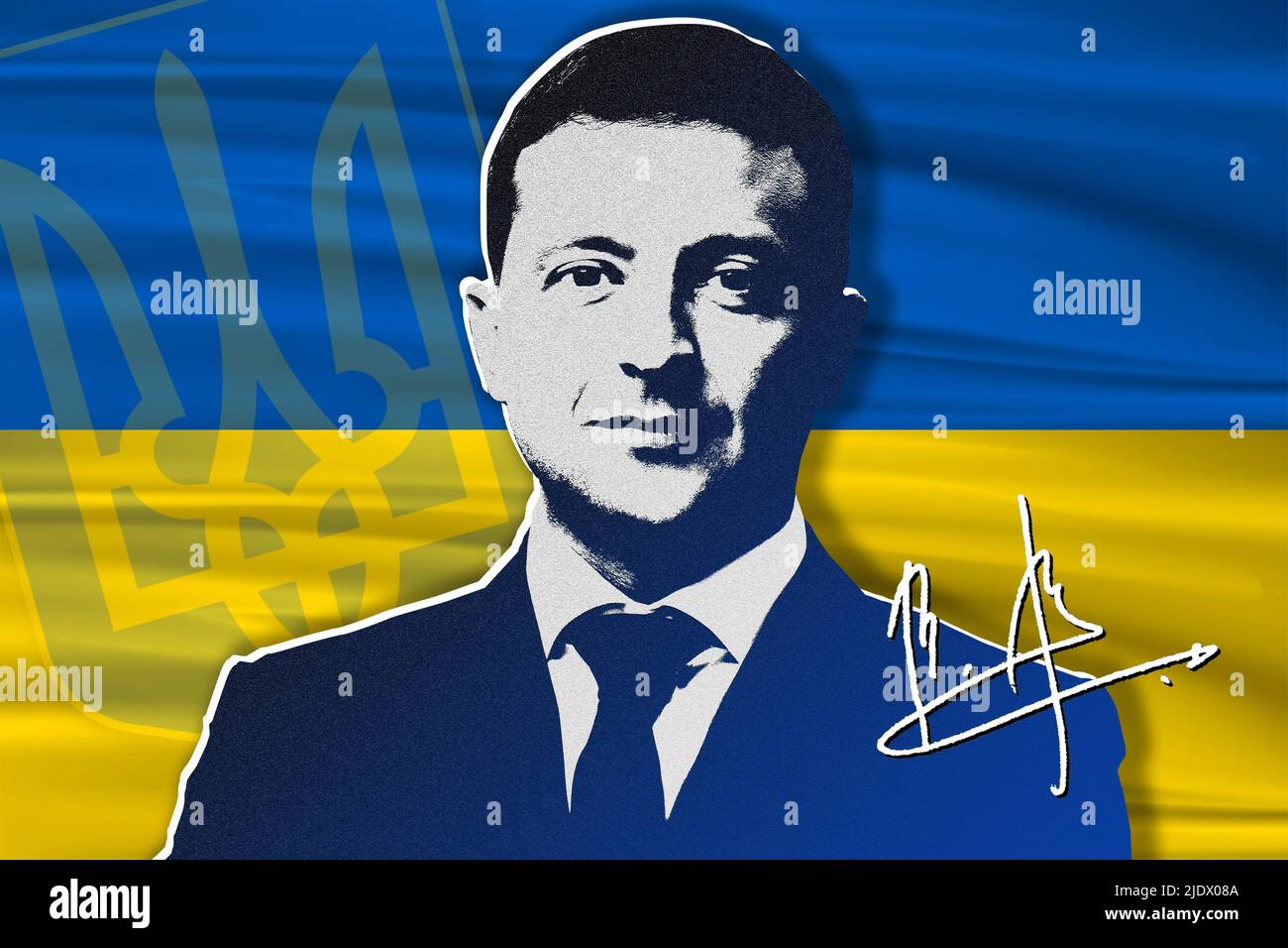 Volodymyr Zelensky, Ukrainian flag, coat of arms and signature Stock ...