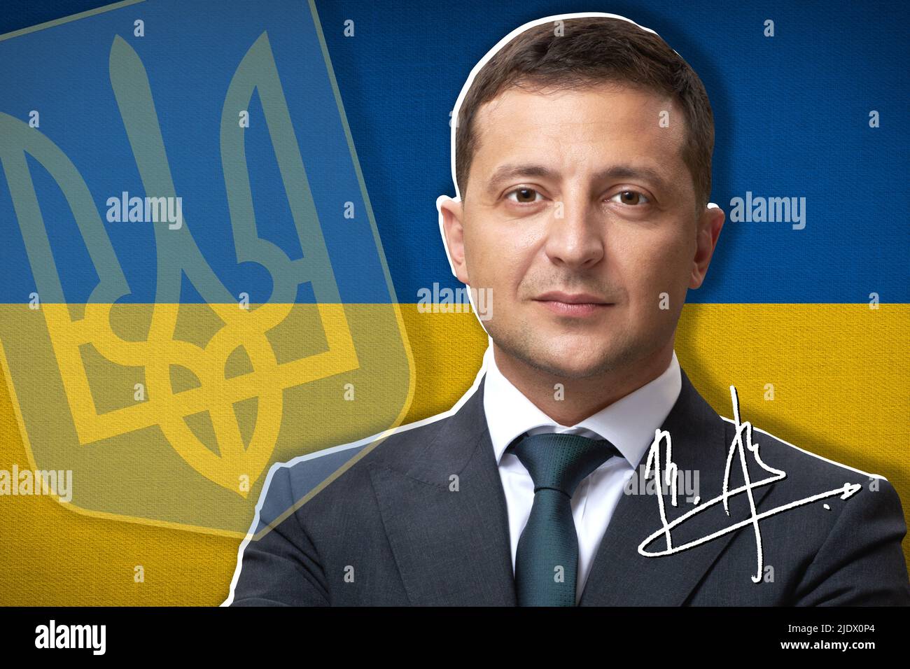 Volodymyr Zelensky, Ukrainian flag, coat of arms and signature Stock ...