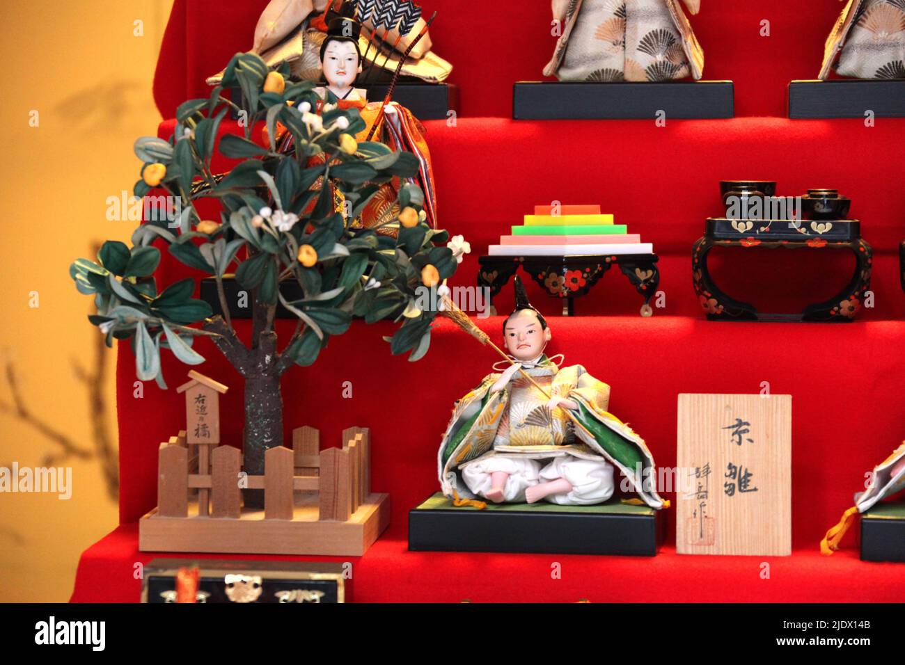 Traditional Japanese dolls in Juunihitoe style kimono and craft models ...