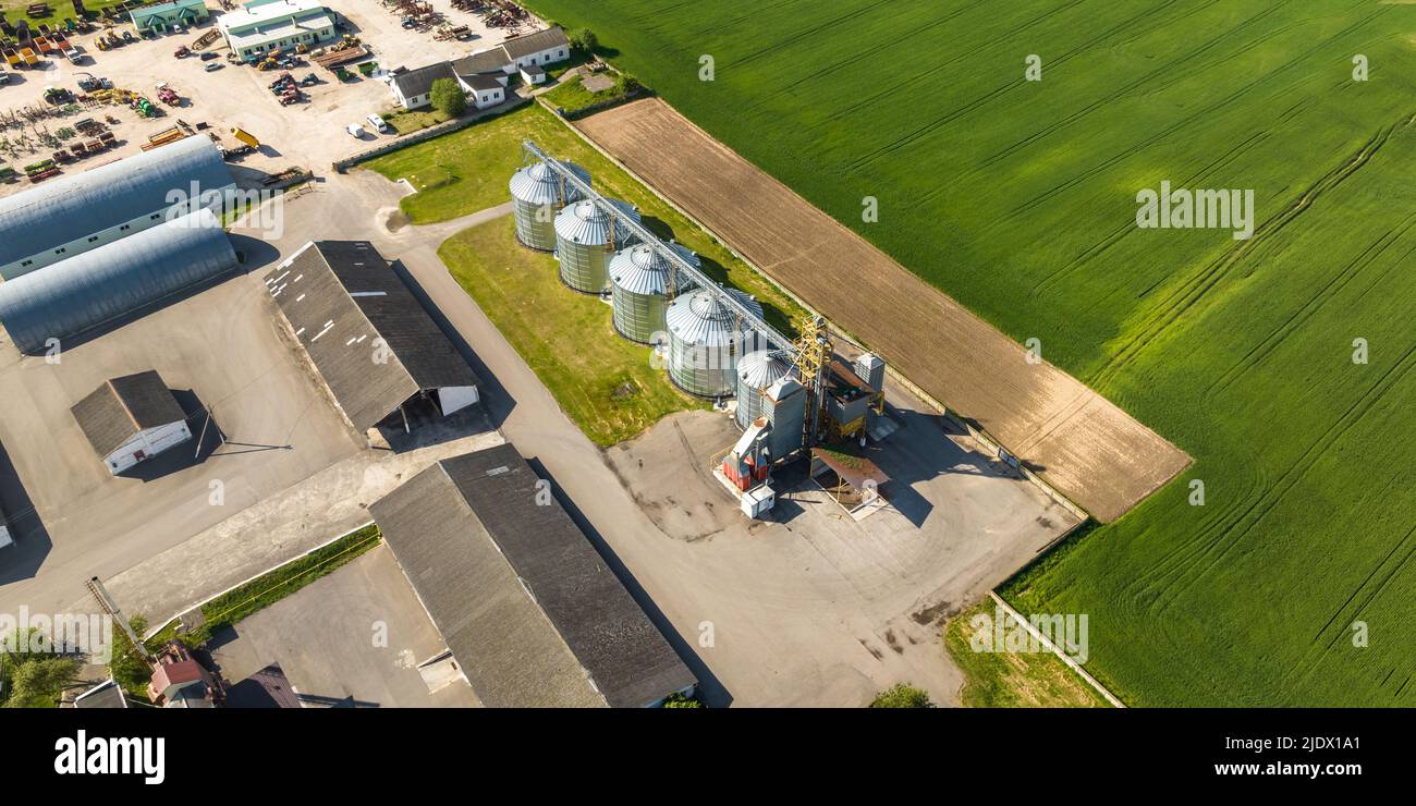 aerial view on agro silos granary elevator on agro-processing ...