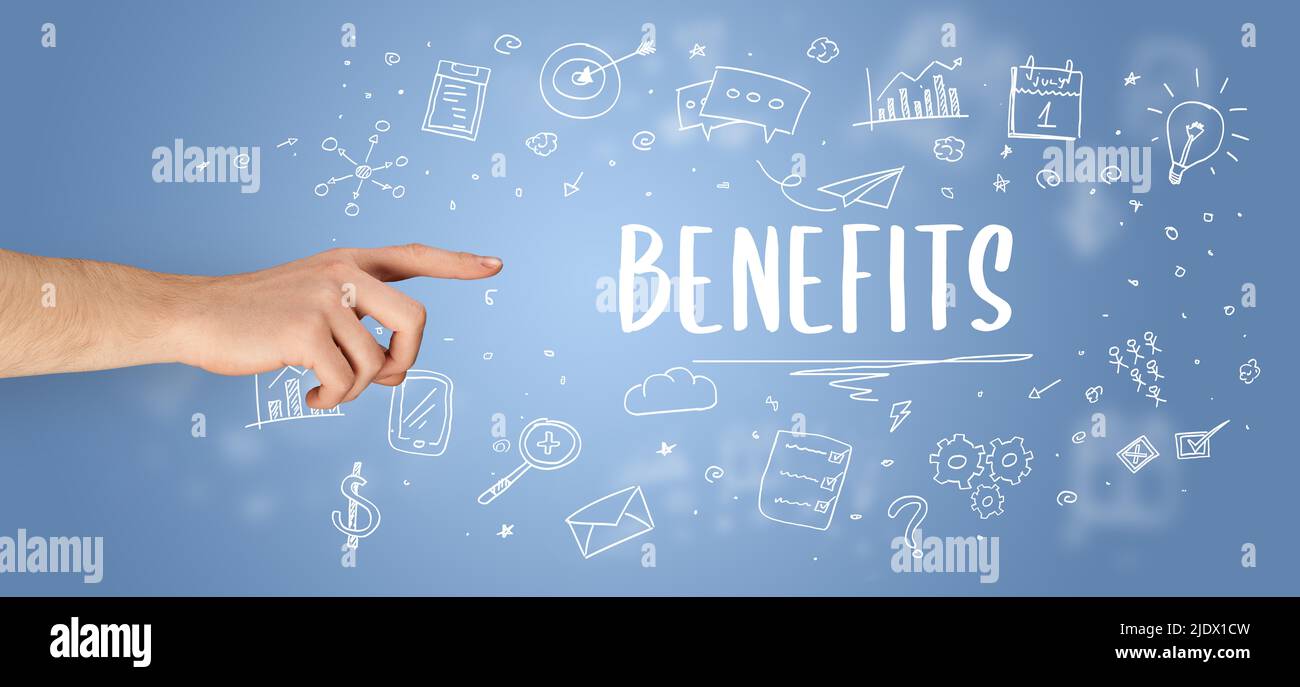 Close-Up of cropped hand pointing at business inscription Stock Photo ...