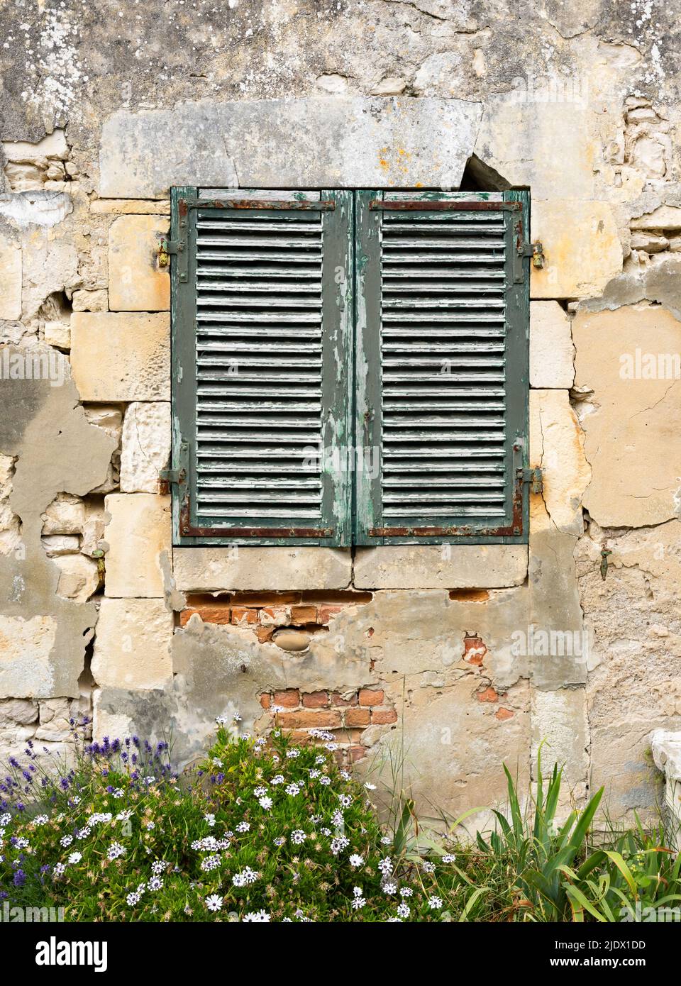 Old French window with worn out green wooden shutters Stock Photo - Alamy