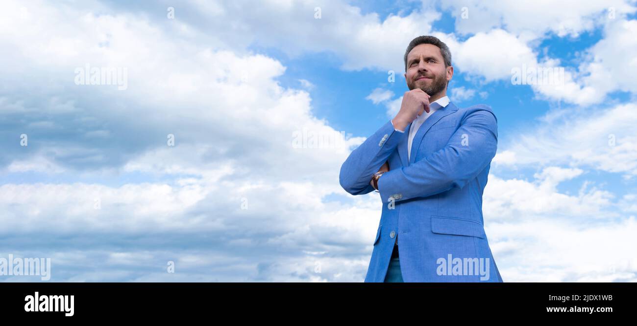 Man face portrait, banner with copy space. Business man in suit, blue ...