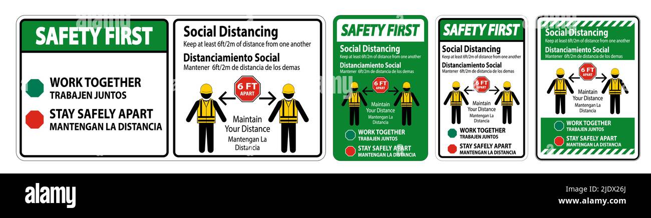 Safety First Bilingual Social Distancing Construction Sign Isolate On ...