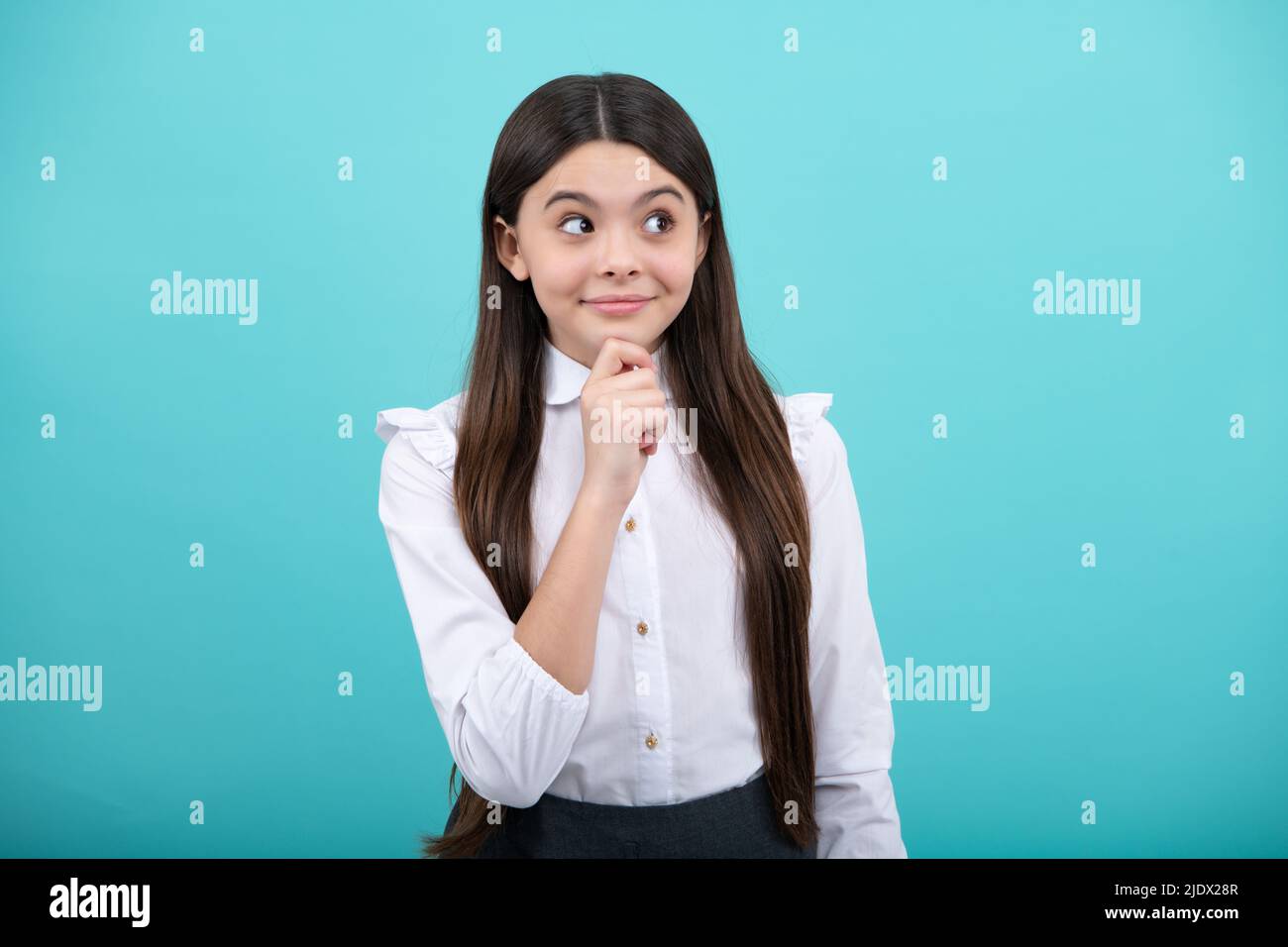 Thinking teenager girl, thoughtful emotion. Children studio portrait on ...