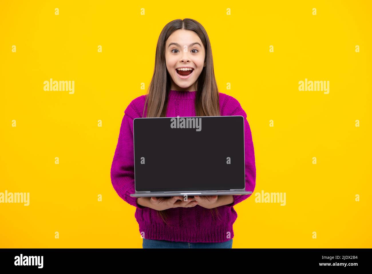 Student school girl with laptop on isolated studio background. Video ...