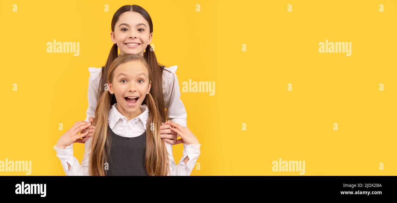 School girls friends. Prepared for success. Happy children learn ...