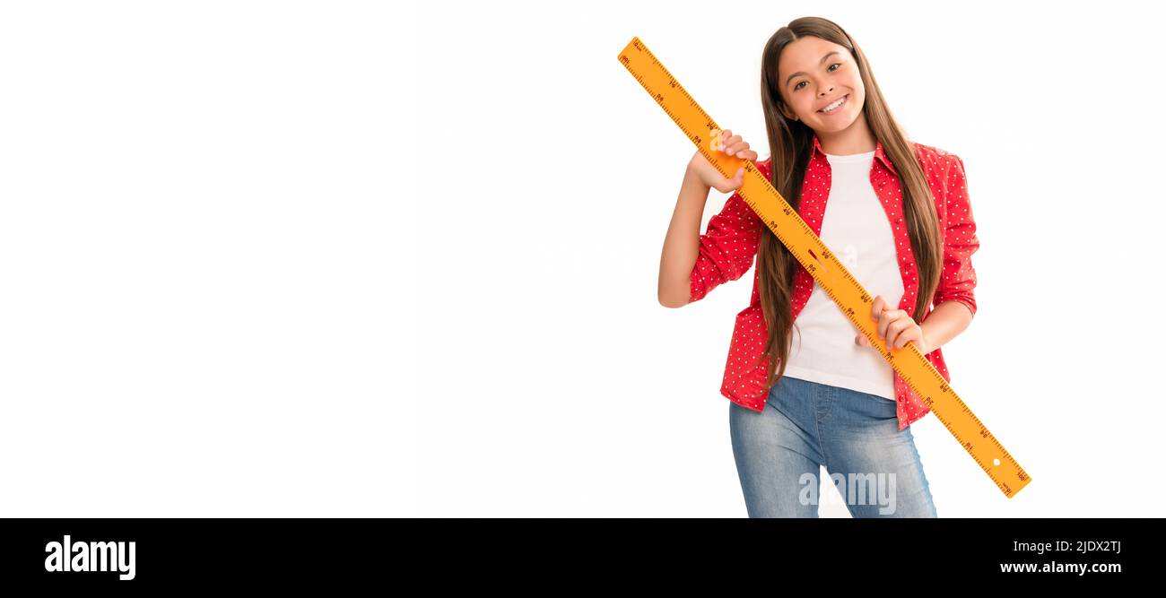 happy kid hold ruler study trigonometry at school isolated on white ...