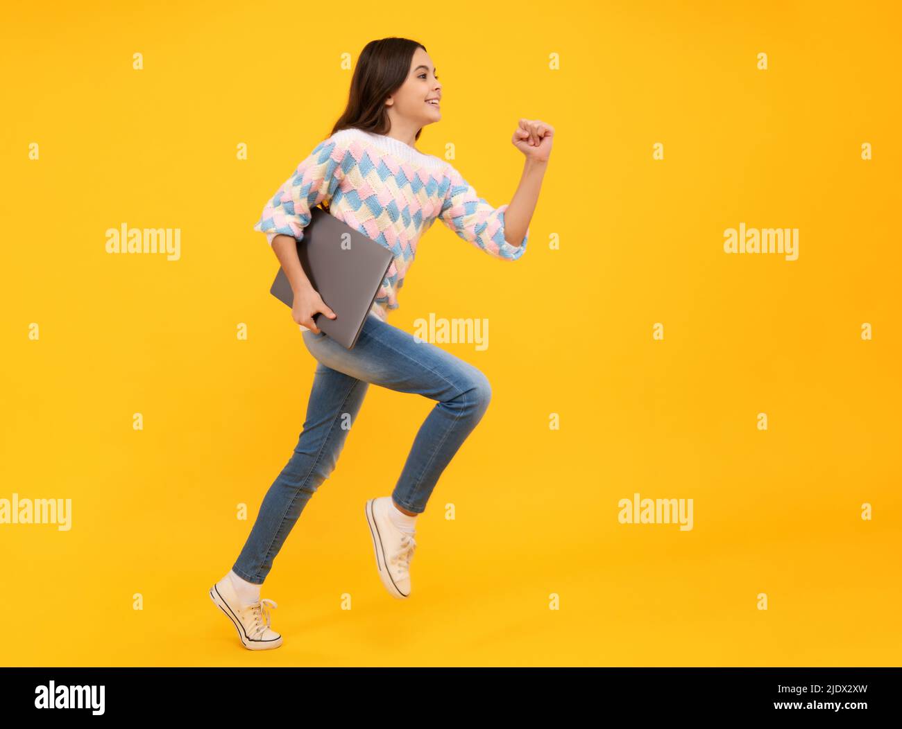 Student school girl with laptop on isolated studio background. Video ...