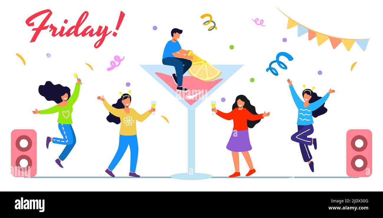 Friday weekend party flat tiny last work week day persons vector ...
