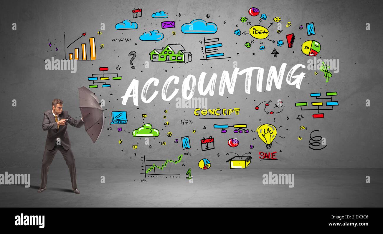 businessman hiding behind umbrella concept Stock Photo - Alamy