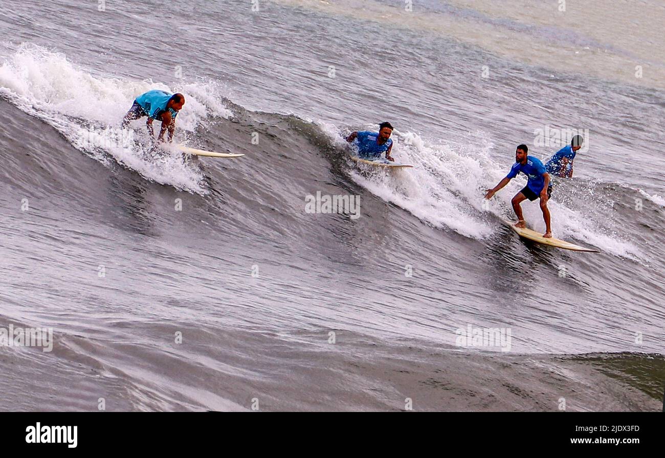 Palestinian athletes participate in the surfing championship at the ...