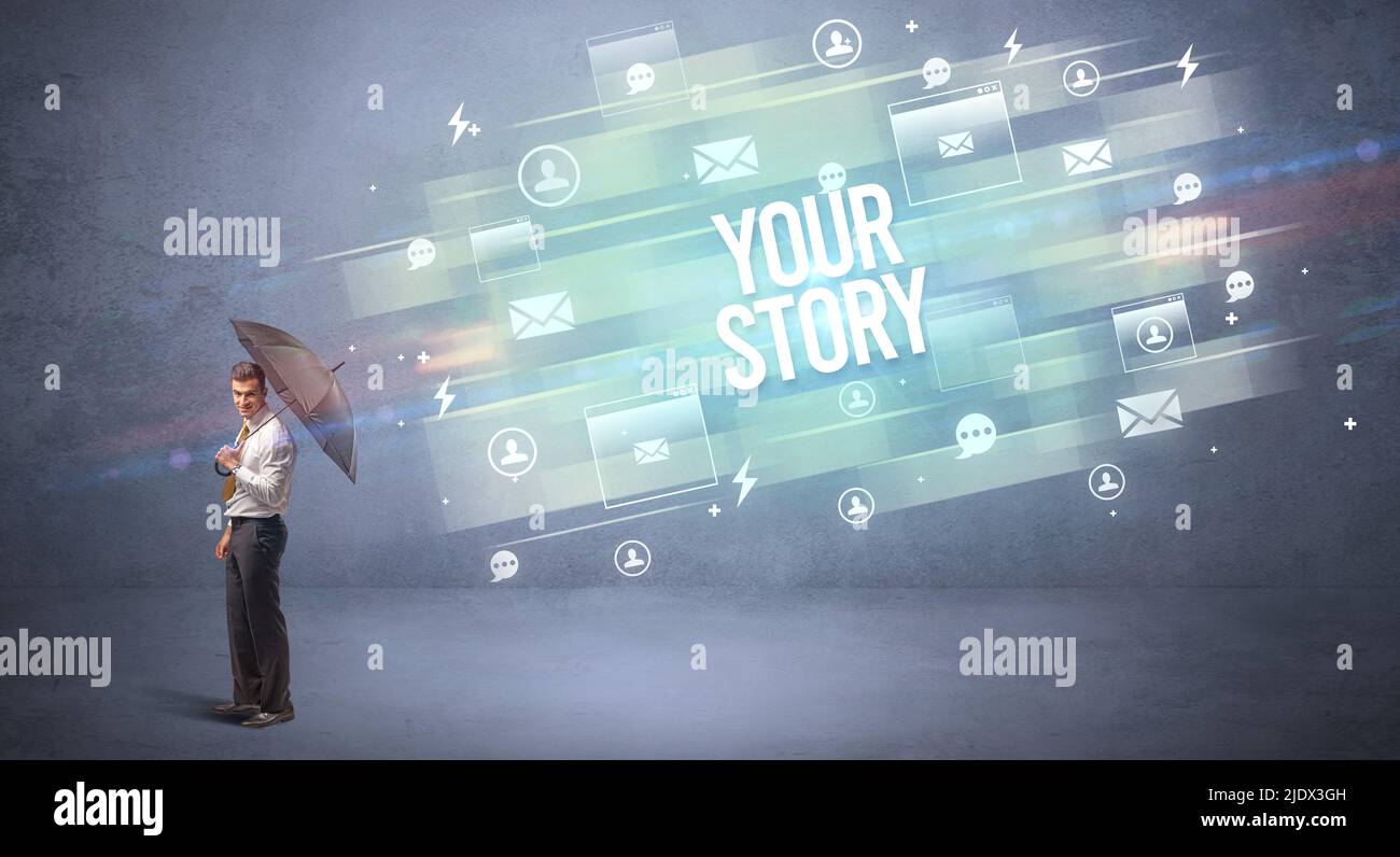 businessman defending with umbrella concept Stock Photo - Alamy